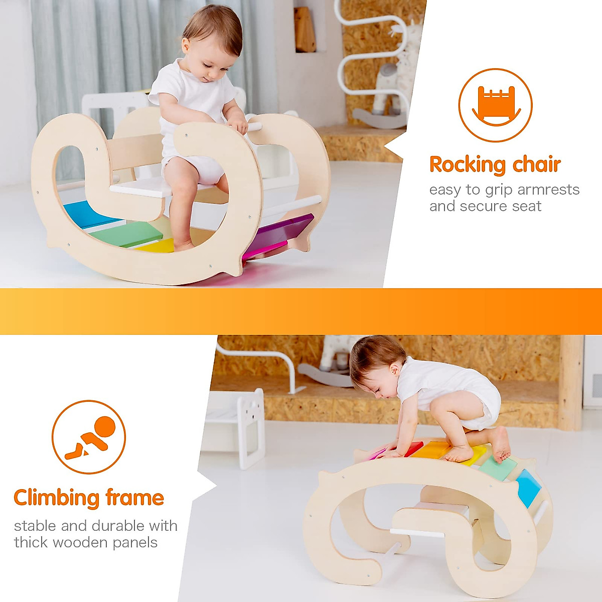 labebe Toddler Climbing Arch, Waldorf Rainbow Rocker Play, 3-in-1 Montessori Climbing Toys for Kid, Wooden Indoor Outdoor Play Gym Learning Playset, Playground for Kids Gift