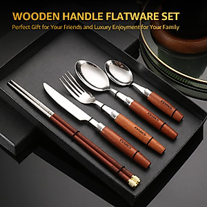 ESSBES 5-Pcs Wooden Handle Silverware Set - Stainless Steel Flatware Set with Fork, Spoon, Knife, Dessert Spoon, Chopsticks and Delicate Gift Box, Portable Cutlery Set For Home Kitchen Hotel & Gift