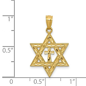 Solid 14k Yellow Gold Diamond-cut Star of David Lucky Jewish Cross Pendant Charm - 26mm x 16mm