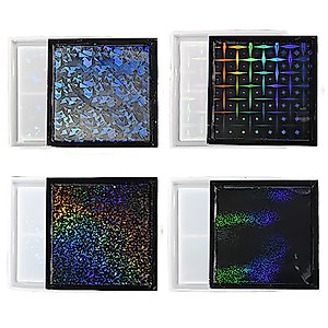 4Pcs Holographic Resin Silicone Mold Set for Coasters,DIY Rainbow Light Cups Mat Epoxy Casting Mold for Home Table Decoration (Square)