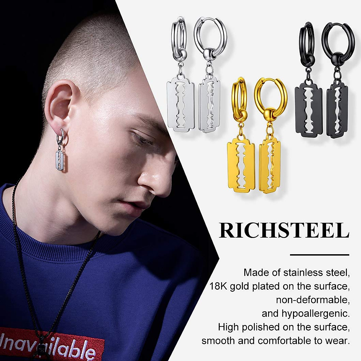 Huggie Hoop Earrings Set with Dangle Razor Stainless Steel Men Women Cartilage Earring Hoop Fits Sensitive Ears Hip Hop Jewelry