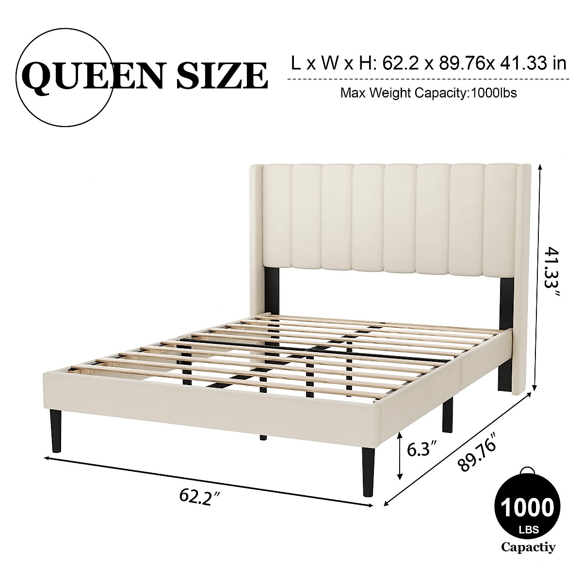 HAOARA Queen Size Velvet Bed Frame with Vertical Chanel Tufted Headboard and Wingback, Upholstered Platform Bed, Strong Wooden Slats, No Box Spring Needed, Beige