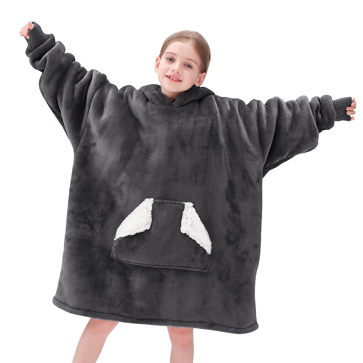 Touchat Oversized Sherpa Blanket Hoodie Sweatshirt with Hood Pocket and Sleeves, Soft Warm Plush Hooded Blanket for Kids, One Size Fits All, Grey