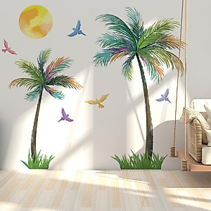 Runtoo Large Palm Tree Wall Decals Colorful Birds Tropical Plant Wall Art Stickers for Living Room Bedroom Nursery Wall Decor