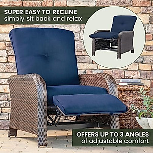 Hanover Strathmere Outdoor Recliner Chair with Thick Foam Weather-Resistant Navy Blue Cushions, Steel Frames, Brown Wicker, Luxury Outdoor Recliner for Patio, Deck, Backyard, or Porch