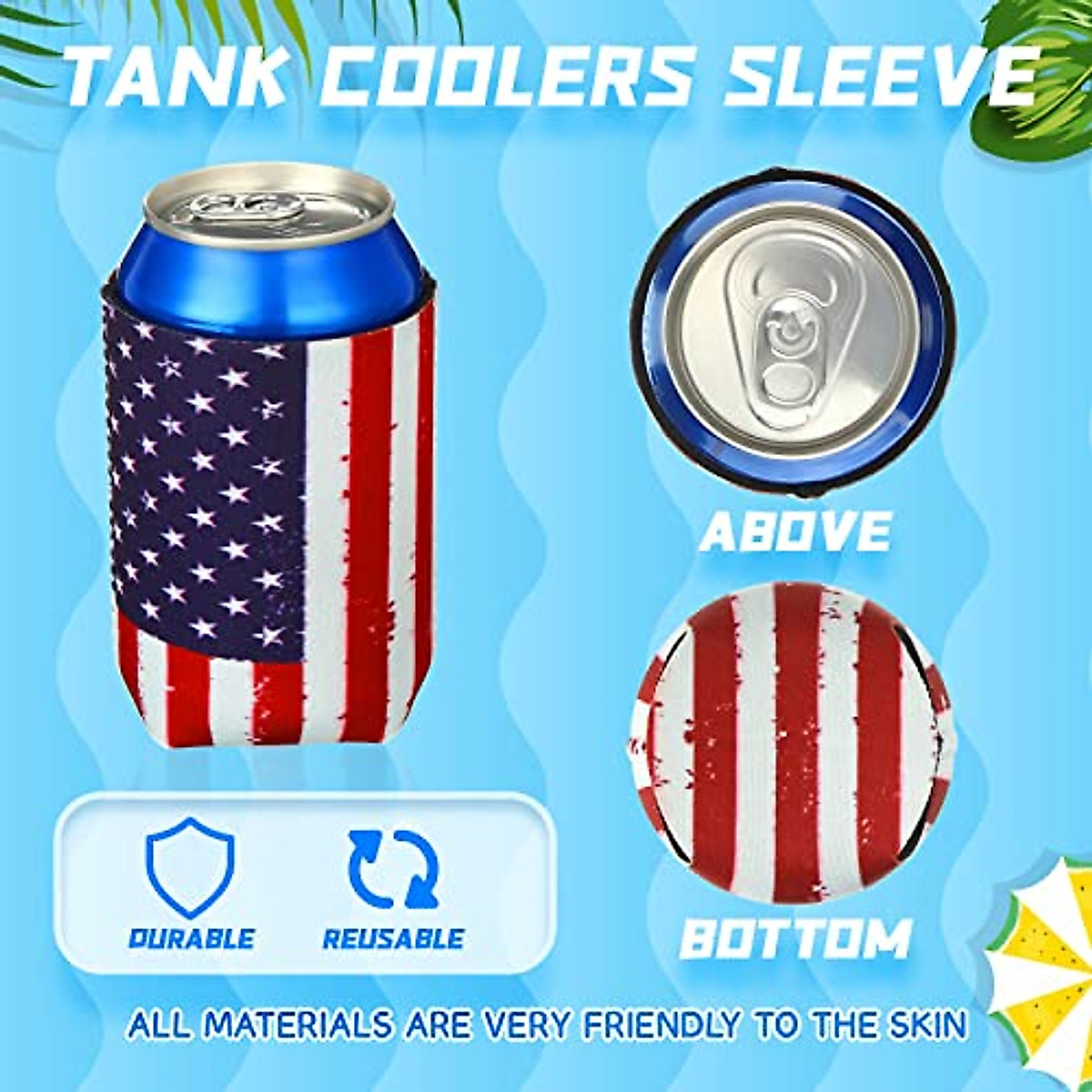 24 Pcs Summer Can Cooler Sleeves Reusable Usa Flag Can Cooler Collapsible American Flag Can Covers for Beer DIY Neoprene Beer Bottle Cooler Insulation with Stitches for Drink Holder Party, 12 oz