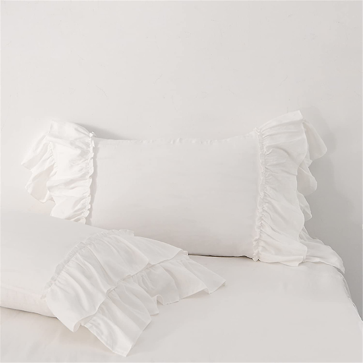 Soukach/SOUKECHY White Shabby Chic 3 Pieces Bedding,Vintage Ruffled Queen Duvet Cover Set with 2 Layers Ruffles,Soft Brushed Microfiber Set with Zipper Closure(Queen, White)