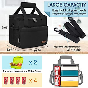 Dakuly Insulated Lunch Bag for Men Reusable Lunch Box for Men Women Lunchbox for Work Office Picnic 12-Can (10L) Leakproof Lunch Cooler Bag for Adults with Adjustable Shoulder Strap, Black