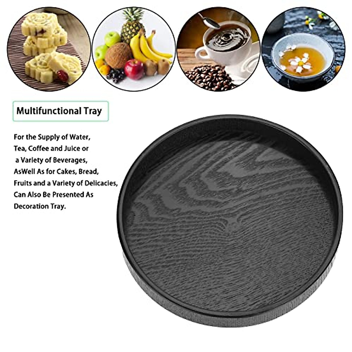 Watris Veiyi Round Shape Solid Wood Serving Tray, Wooden Tea Coffee Snack Tray, Food Meals Serving Plate with Raised Edges, Black Decorative Tray for Home Restaurant Office Teahouse(27cm)