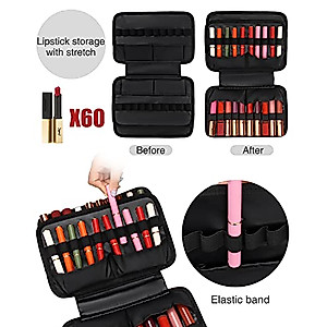Chomeiu Lipstick Organizer, Lip Gloss Holder Detachable 60 Slots 3 Layer Lipstick Storage Case for Makeup Artists Travel Portable Cosmetic Bag Large Capacity with Waterproof PU Leather and Lining