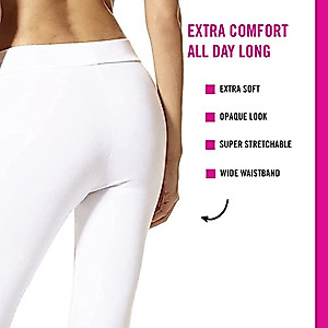 HUE Women's Wide Waistband Blackout Cotton Capri Leggings, Assorted, White, L