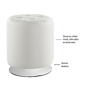 Linon White Sikes Faux Leather Tufted Swivel Ottoman with Chrome Base