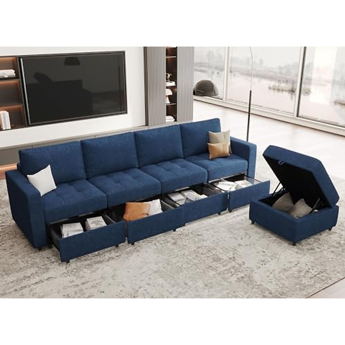 Belffin Fabric Convertible Modular Sectional Sofa Couch Modern L Shaped Sofa with Ottomans 5 Seater Sofa Sectionals Sleeper Couch with Reversible Chaise and Storage Drawers for Living Room Blue