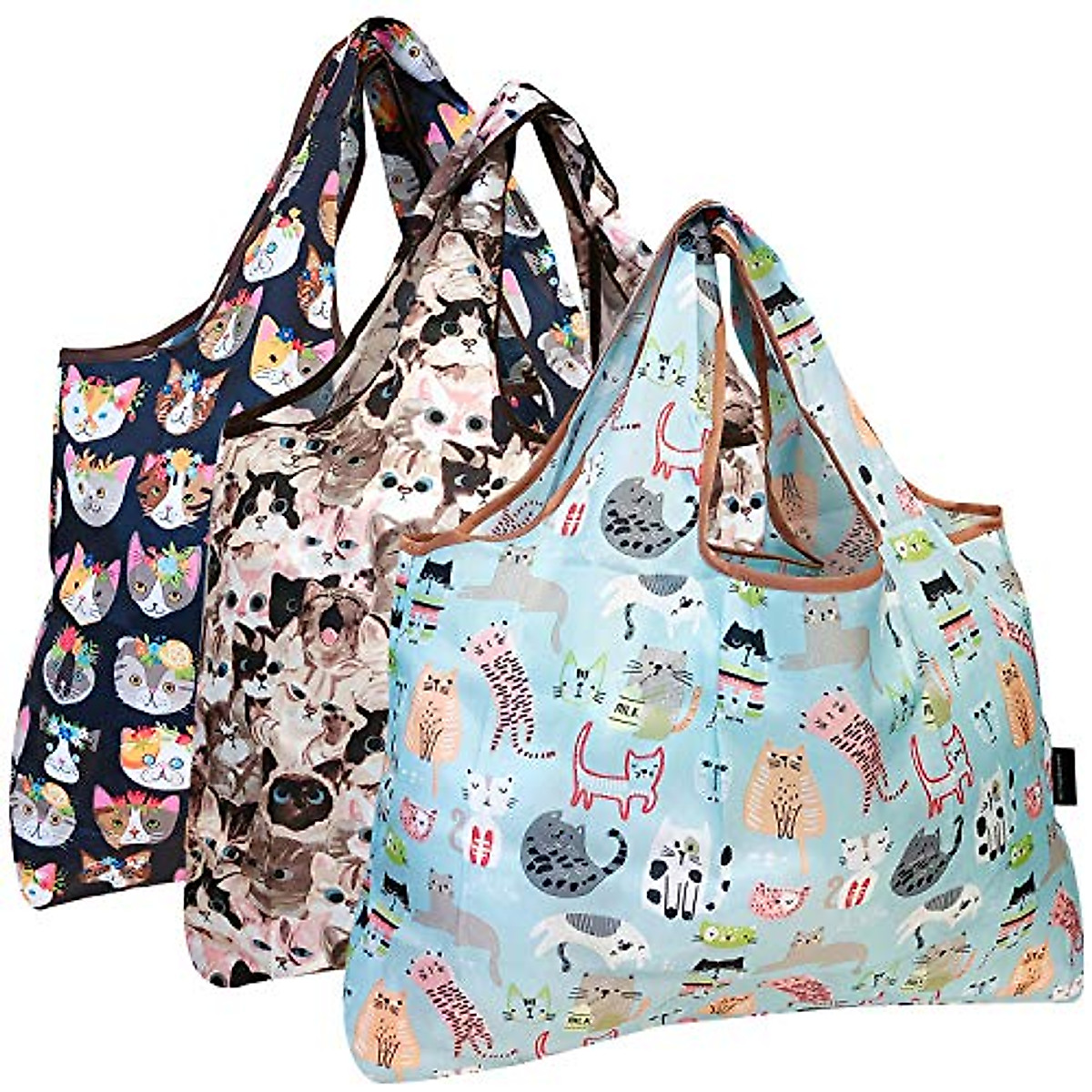 Bowbear Foldable Nylon Reusable Shopping Grocery Bag (Set of 3), Silly Cats & Floral Cats