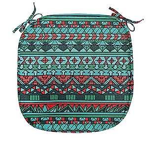 Ambesonne Tribal Chair Seating Cushion Set of 8, Hand Drawn Design Geometric Pattern with Sharp Shapes and Stripes, Seat Pads for Office with Anti-Slip Backing, 16"x16", Red Blue Teal