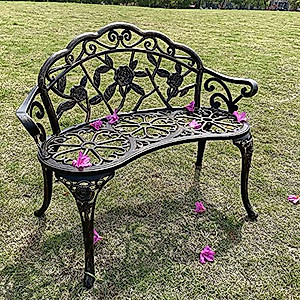U/D Outdoor Bench Park Garden Bench ，All Chair Anti Rust Cast Aluminum Patio Yard Bench ，Carved Rose Loveseat Bench for Backyard. Porch, Balcony, Lawn. (Without Cushion, Copper)