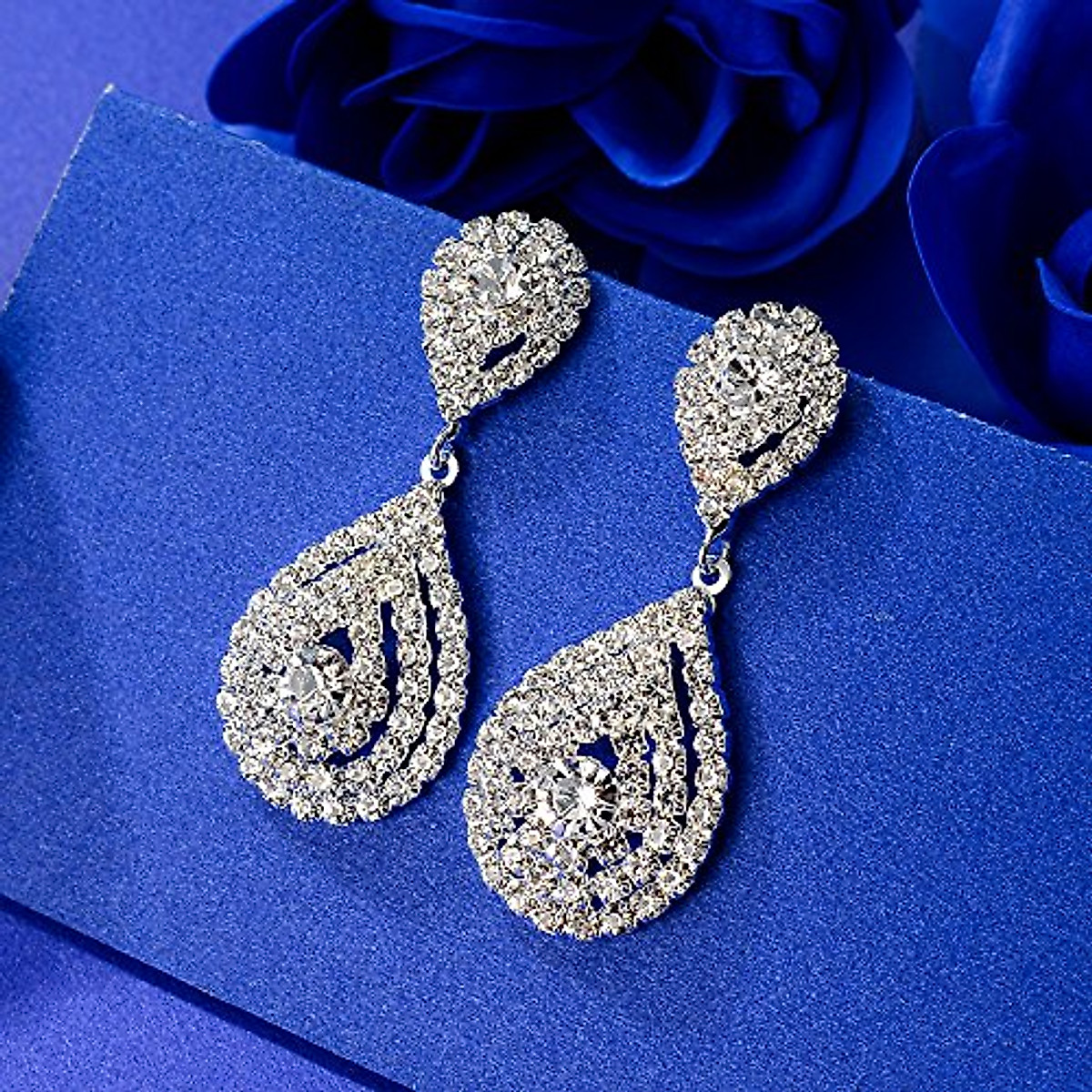 2 Pack Rhinestone Crystal Link Bracelet Teardrop Dangle Earrings Jewelry Sets for Women