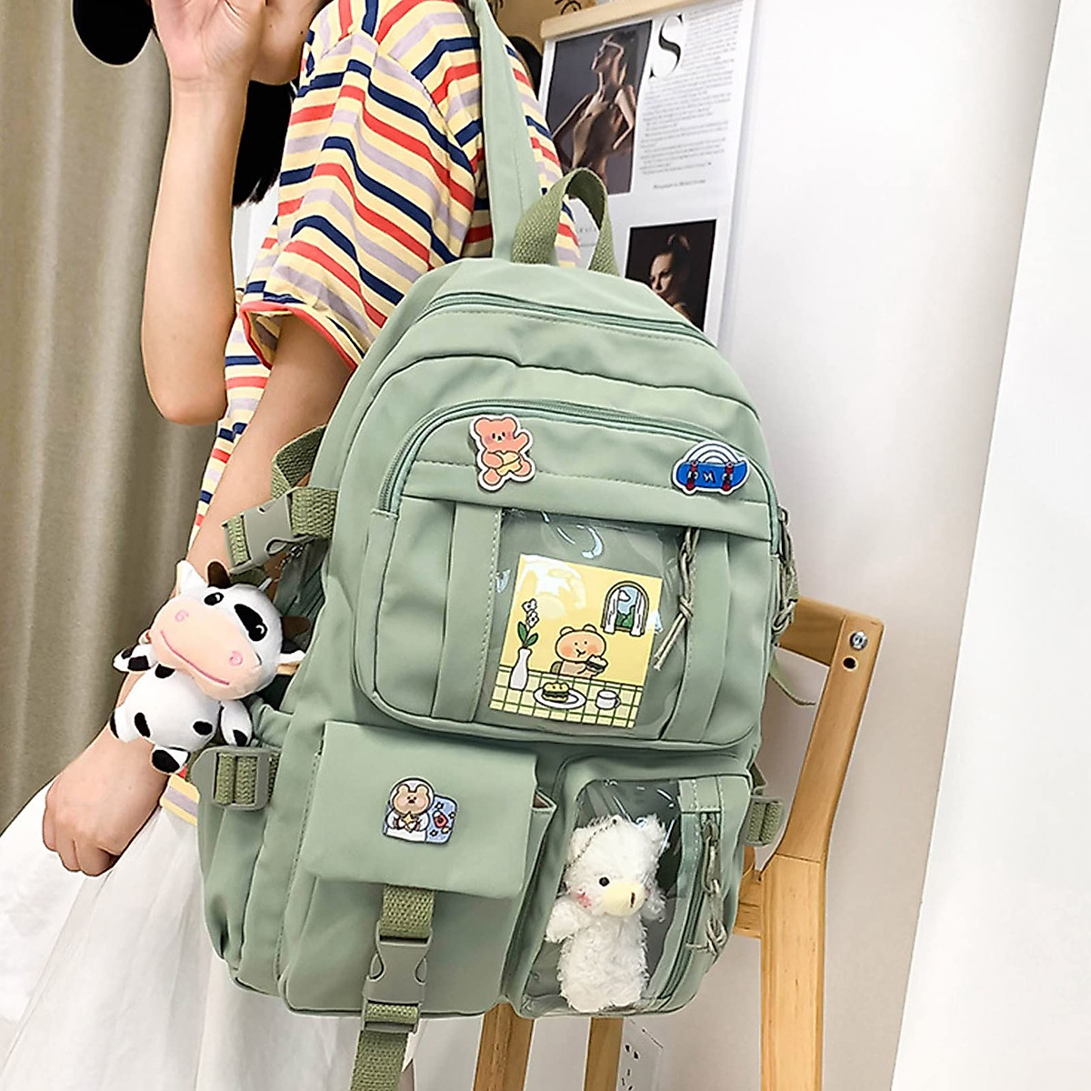Kawaii Backpack Cute School Backpack Aesthetic Bookbags with Kawaii Pin Accessories for Teen Girls Green