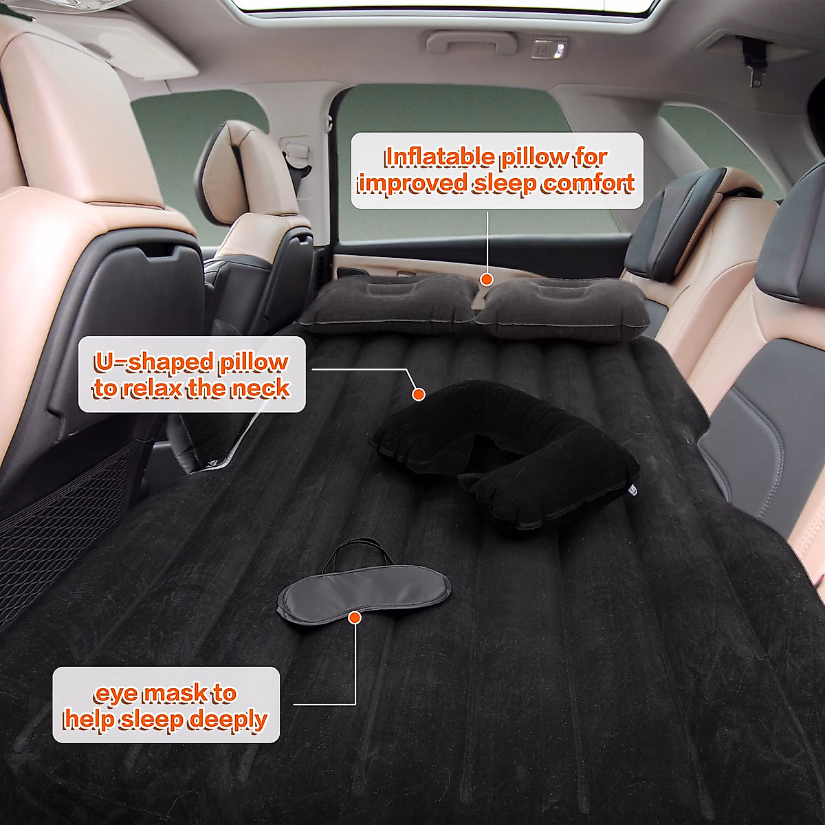 Tallew 12 Pcs Car Air Mattress Back Seat Inflatable Bed SUV Car Camping Backseat Truck Air Mattress Curtain Divider Window Shade Cover Portable Travel Sleeping Set