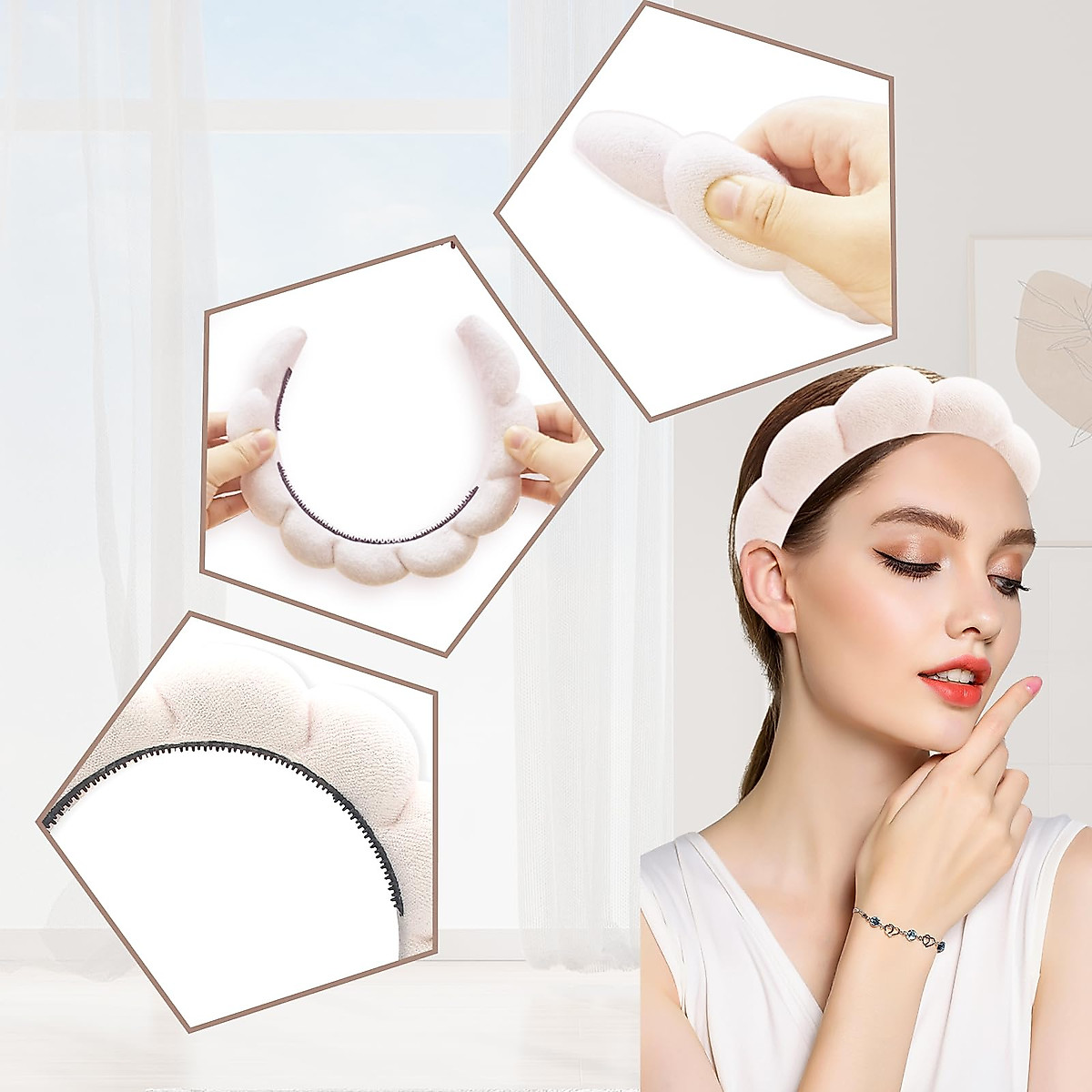 LIVETA 4 PCS Sponge Spa Headband for Women Washing Face,Makeup Headbands, Non Slip Puffy&Terry Cloth Fabric Hairband,Skincare Headbands for Girls Makeup, Thick Thin Headband for Makeup Removal(pink)