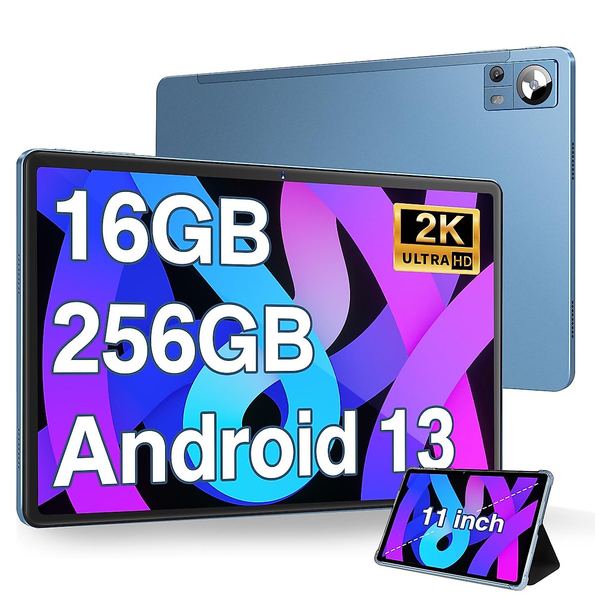 DMOAO 11 inch Android 13 Tablet 16GB+256GB Tablets with 1TB Expand, Octa-Core 2000 * 1200 2K FHD Display 13MP Camera, 8600mAh, Quad Speakers, 5G WiFi, Split Screen Support (Blue with Case)
