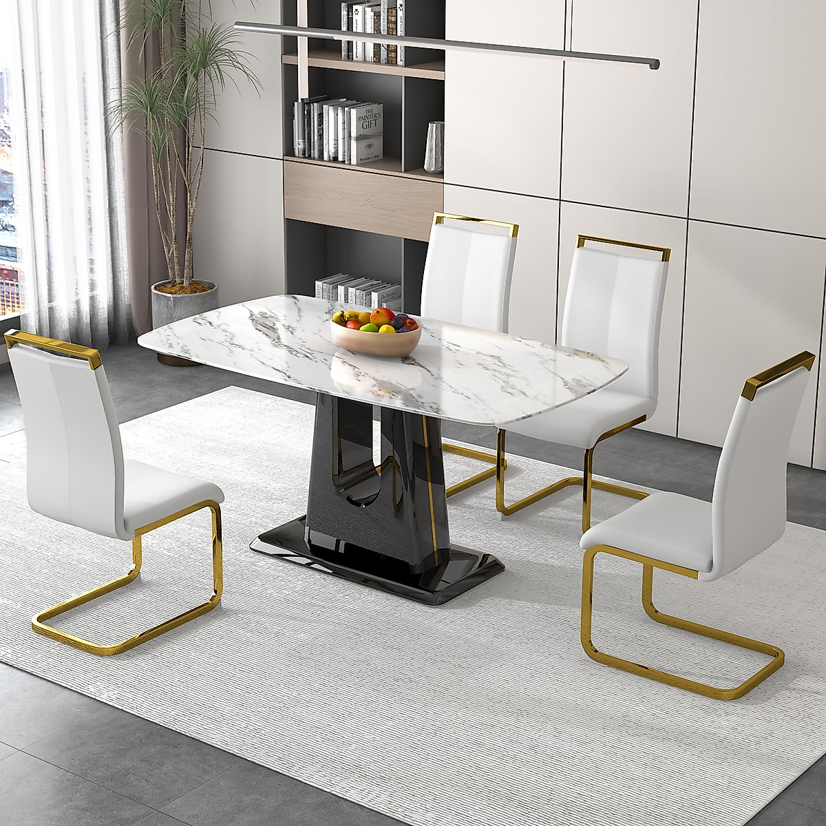 Mcltopz 63" Dining Table for 4-6 People, Modern Rectangular Dining Table with White Faux Marble Veneer Top & High Glossy Black Pedestal Base, Large Dinner Table Kitchen Table for Dining Room, Kitchen