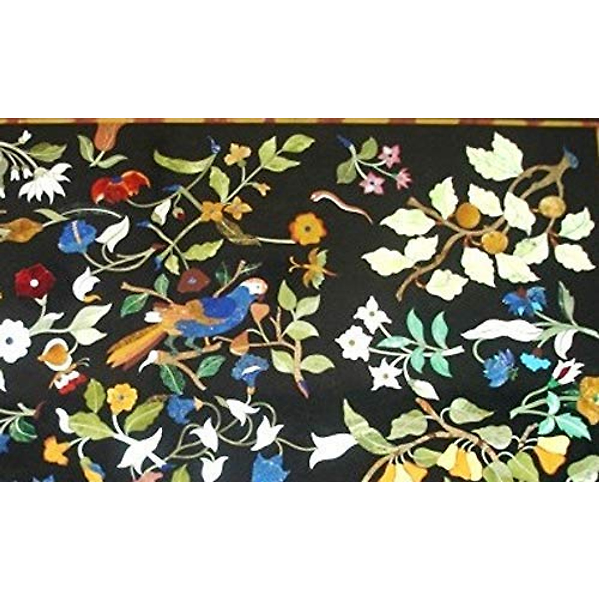 Pietra Dura Black Marble Rectangular 48" x 30" Inch Dining Table Top, Bird Inlay Fruit Inlay and Flowers Inlay Design Outdoor Decor, Indoor Decor Table Top, Piece Of Conversation, Family HeirLoom