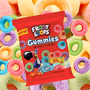 Needzo Froot Loops Gummies, Assorted Real Fruit Juice Flavored Gummy Candy Bags, Nostalgia Favorite Cereal Flavored Candies, 7 Ounces Each, Pack of 2