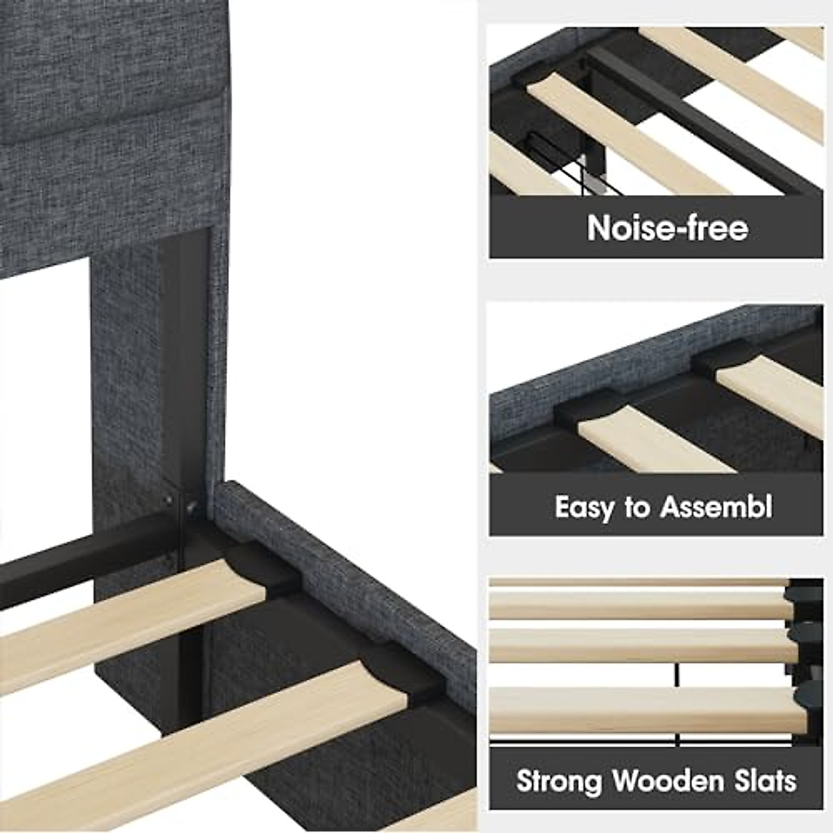 LED Queen Size Bed Frame with Storage Headboard and Charging Station,Upholstered Platform Bed with 3 Storage Drawers,Queen Bed Frame with LED Lights,No Box Spring,Noise-Free,Charcoal Gray