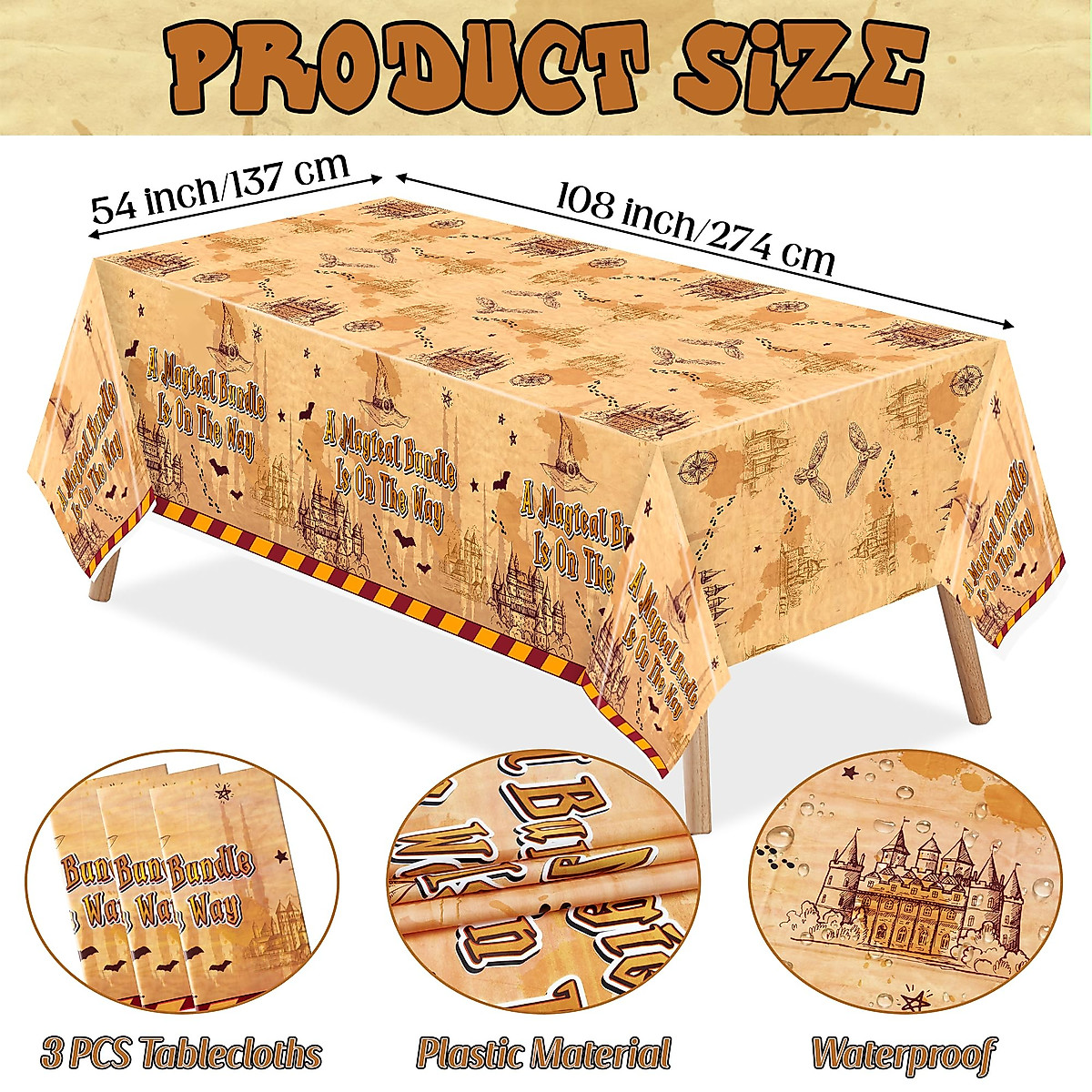 Z1juce Wizard Baby Shower Tablecloths - 3PCS Wizard Theme Waterproof Rectangle Table Covers for Birthday Party Halloween Wizard Party Disposable Plastic Table Cloth Decorations, 54 x 108 Inch
