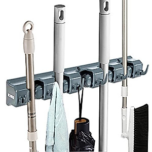 Mayjooy Wall-Mounted Mop Broom Holder, Home Storage Organizer Rack w/5 Positions & 6 Hooks, Hanging Tools Organizer for Garage/Laundry/Home/Kitchen, Utility Storage Rack, Grey