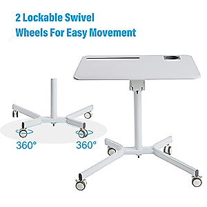 Mobile Sit Stand Desk - Height Adjustable Standing Laptop Desk Cart Rolling Couch Table on Wheels White Workstation with Gas Spring Riser for Home Office Classroom