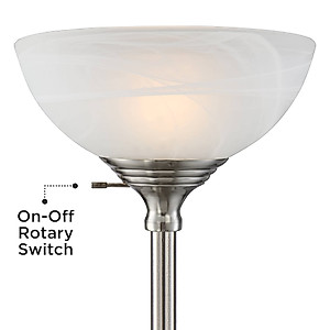 360 Lighting Maddox Modern Torchiere Floor Lamp Standing with USB Charging Port 71” Tall Satin Nickel Alabaster Glass Dome Shade for Living Room Reading House Bedroom Home Office