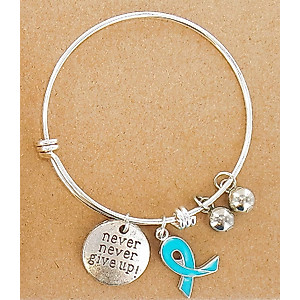 Awareness Bangles For Women - Ovarian Cancer Awareness Bracelets Charm Bangle - Teal Turquoise Ribbon Positive Inspirational Message Charm Bangle 1 pc