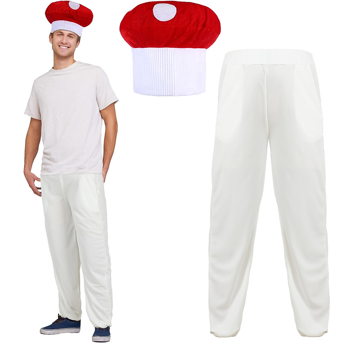 Suhine 2 Pcs Boys Deluxe Costume Accessory Set Red and White Spotted Mushroom Hat White Pants Brothers Mushroom Costume Outfits for Halloween Brother Game Character Dress up Supply