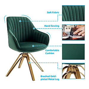Volans Swivel Accent Chair, Mid Century Modern Desk Chair No Wheels, Upholstered Swivel Office Chair with Hollow Brushed Gold Plated Legs Office Chair for Living Room, Dining Room, Green Black