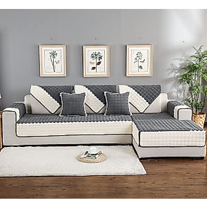 vctops Soft Corduroy Sofa Couch Cover, Plaid Sectional Couch Covers, Non-Slip Sofa Slipcover for Dogs Cats Kids(Dark Grey,36"x63")