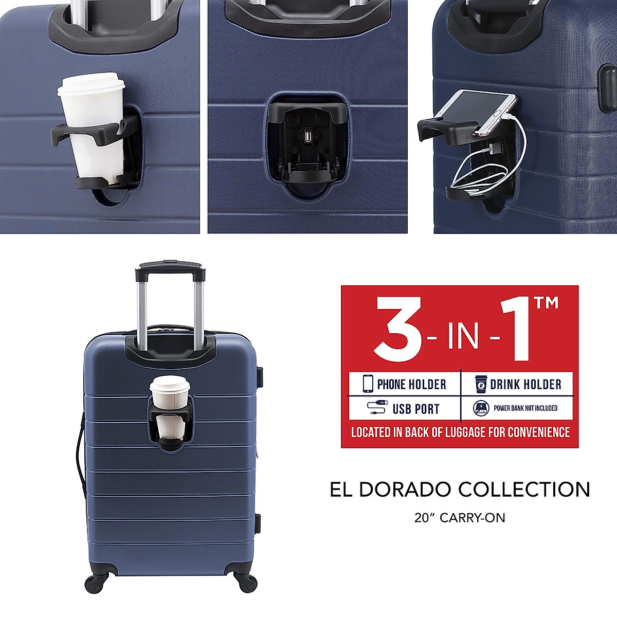 Wrangler Smart Luggage Cup Holder and USB Port, Navy Blue, 2 Piece Set
