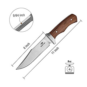 Mossy Oak 11-inch Full-tang Fixed Blade Knife with Leather Sheath, Clip Point Blade and Wood Handle, for Outdoor Survival, Camping