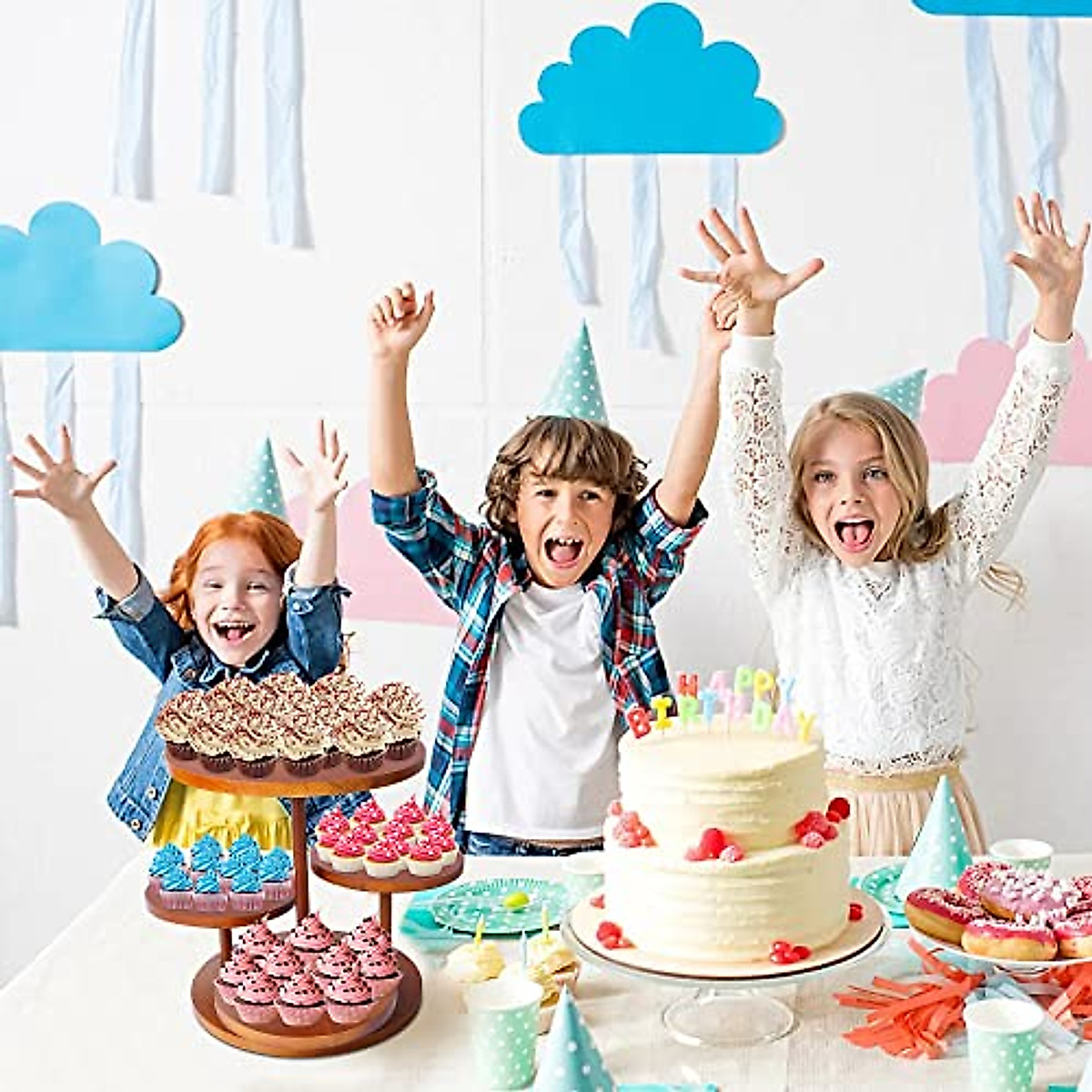 4 Tier Round Cupcake Tower Stand for 50 Cupcakes,Wood Cake Stands with Tiered Tray Decor,Cupcake Holder for Halloween Christmas Birthday Wedding Graduation Baby Shower Tea Party,Dessert Table Display