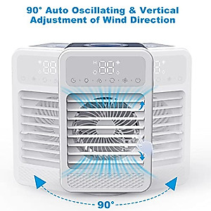 Personal Air Cooler, 90° Oscillated Evaporative Portable Air Conditioners, 5 Wind Speeds Quiet Mini Air Conditioner with Gradient Color Light/Humidifier/1-8H Timing for Desktop Home Office 600ML