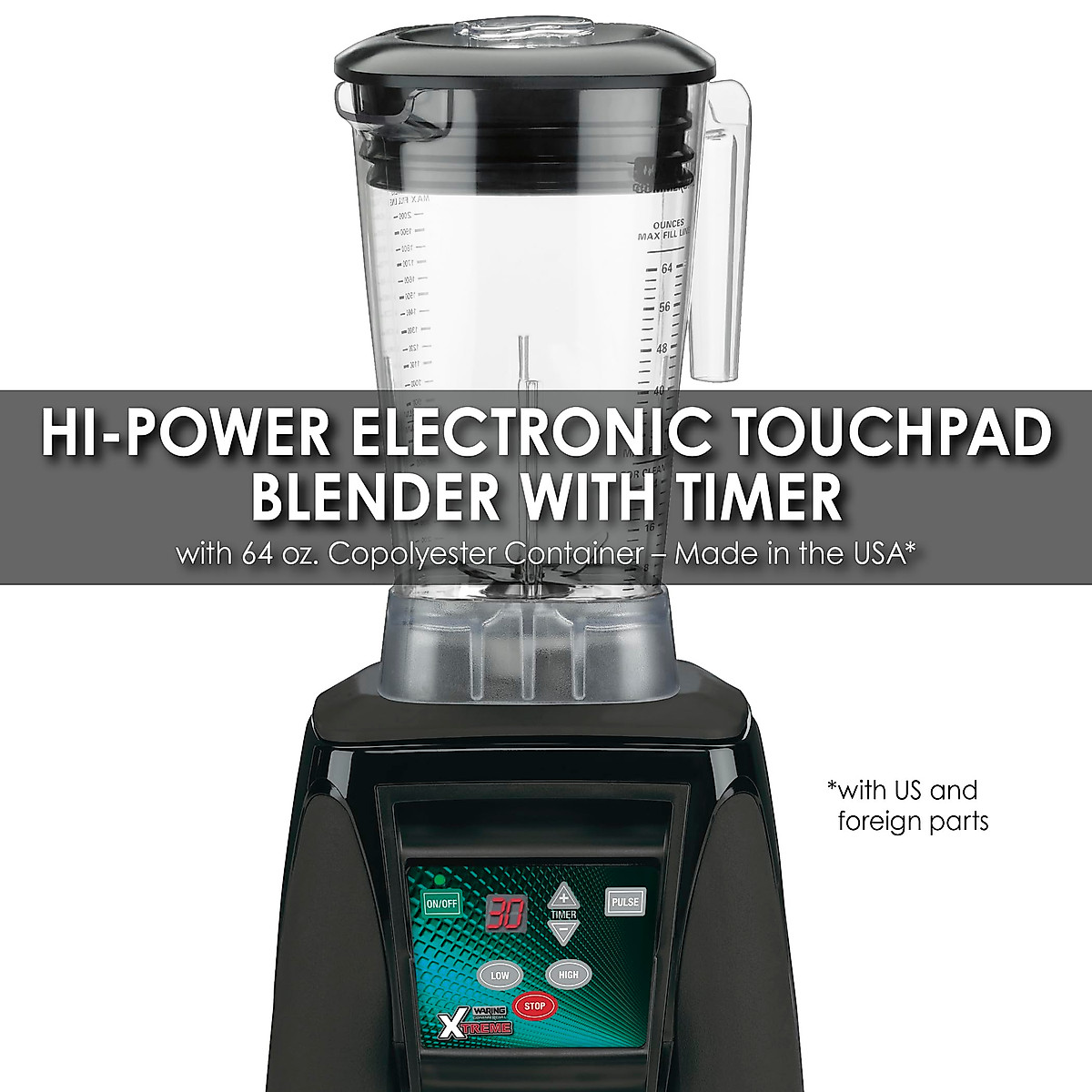 Waring Commercial MX1100XTX 3.5 HP Blender with Electronic Keypad, Pulse Function, 30 SecondCountdown Timer and a 64 oz. BPA Free Container, 120V, 5-15 Phase Plug,Black