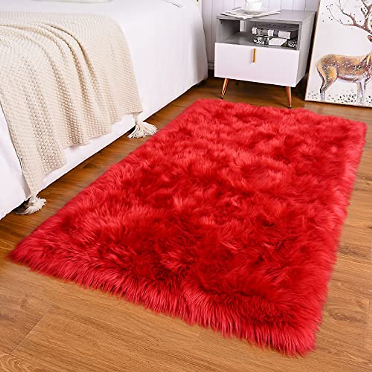 BENRON Red Sheepskin Fluffy Rug 3x5 FT, Luxury Faux Fur Rugs for Kids Girls Nursery Living Room Christmas Decor Shag Furry Carpet