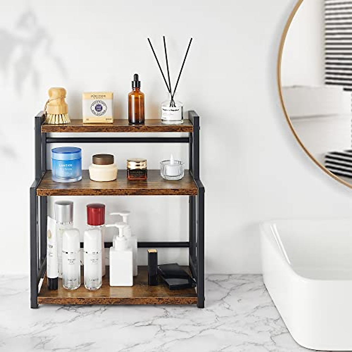 HYNAWIN Spice Rack Corner Shelf,3 Tier Wood&Metal Storage Shelf,Standing pantry Shelf For Kitchen,Bathroom,Coffee Counter Shelf Organizer With Adjustable Shelf Cabinet(Rustic Brown)