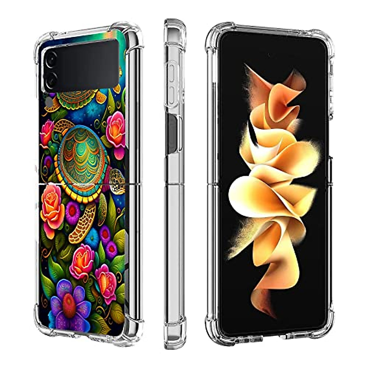 Beaucov Galaxy Z Flip 4 Case,Colorful Mandala Turtle Flower Drop Protection Shockproof Case TPU Full Body Protective Scratch-Resistant Cover for Samsung Galaxy Z Flip 4 5G