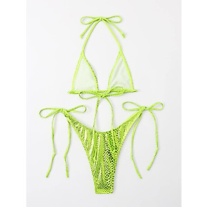 SOLY HUX Women's Sexy Snakeskin Print Halter Triangle Tie Side Bikini Set Bathing Suits 2 Piece Swimsuit Lime Green S