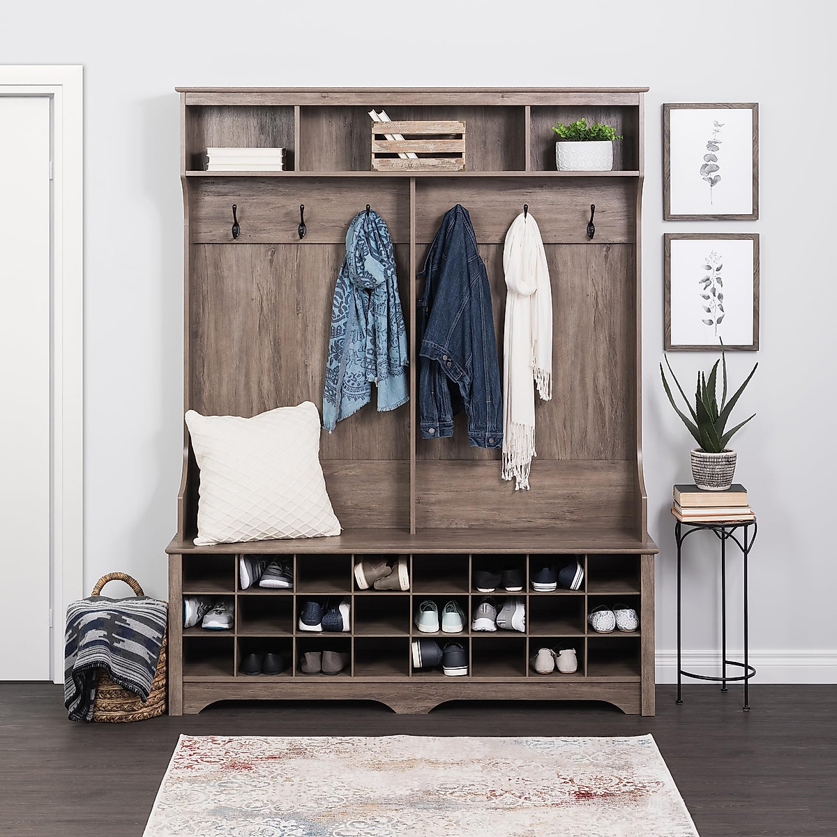 Prepac Drifted Gray Hall Tree with Bench and Shoe Storage, 60"W x 77"H x 15.5"D - 24 Shoe Cubby, Mudroom Bench with Storage and Hooks