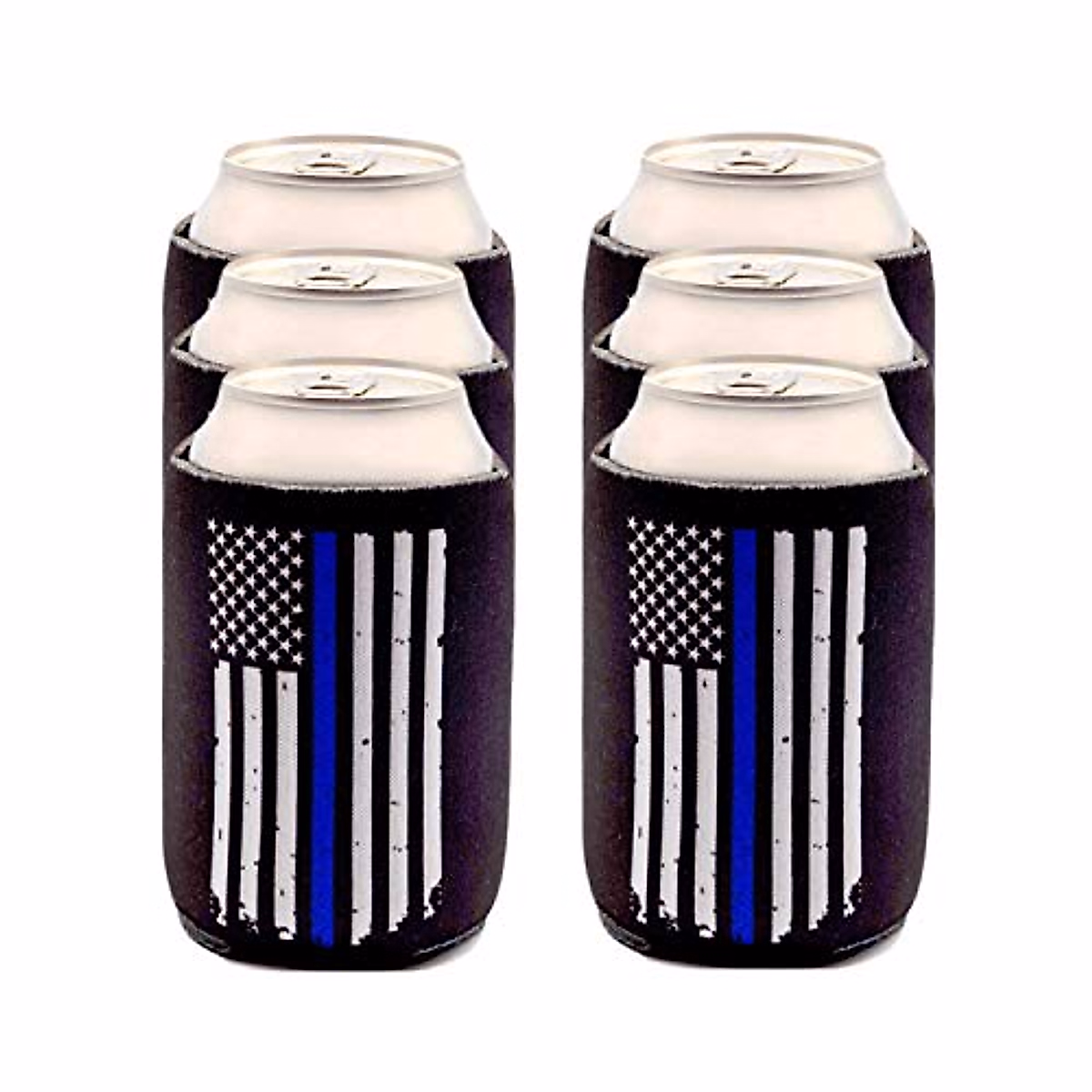 Police Officer Gifts for Men - Thin Blue Line Beverage Can Cooler Sleeves - Law Enforcement Blue Lives Matter Insulated Beer Holder with Blue Stripe American Flag - Police Department Ideas, 6-Pack