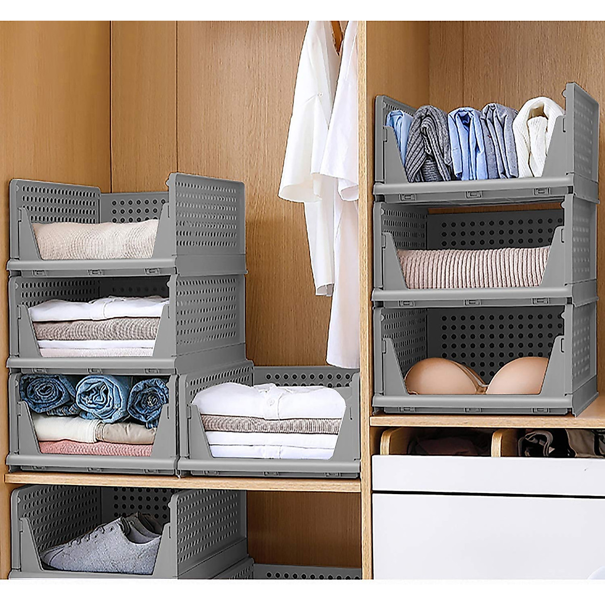 4-Pack Folding Wardrobe Storage Box Plastic Drawer Organizer Stackable Shelf Baskets Clothes Closet Containers Bin Cubes ,Home Office Bedroom Laundry Fold Pull Out Drawer Dividers for Clothes,Toys