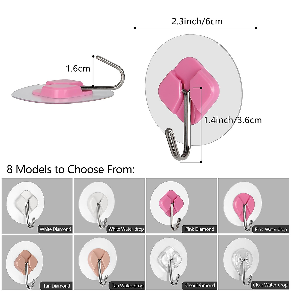 evron 304 Stainless Steel Wall Hooks, Self Adhesive Utility Hooks for Hanging Heavy Duty 30lbs (6Pcs Pink, Diamond)